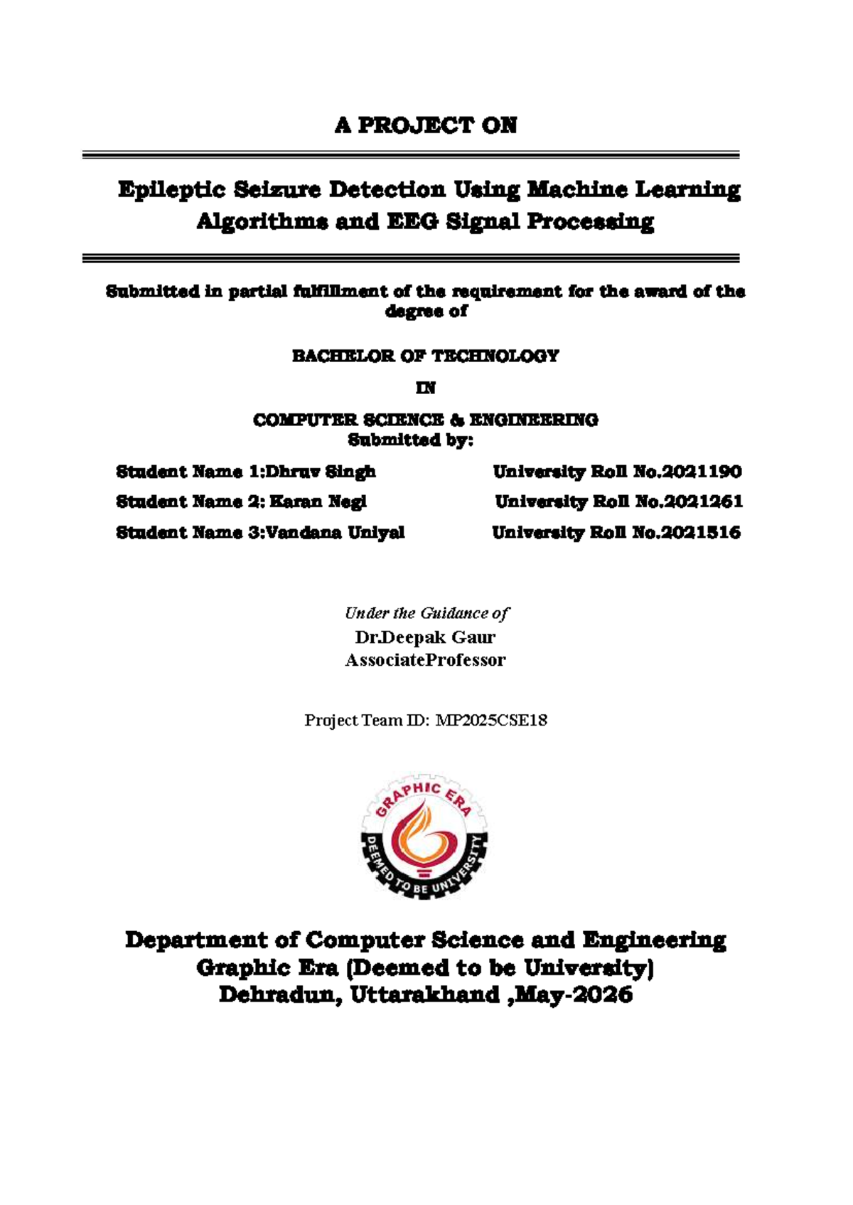B.Tech CSE Major Project: Epileptic Seizure Detection Using ML & EEG ...