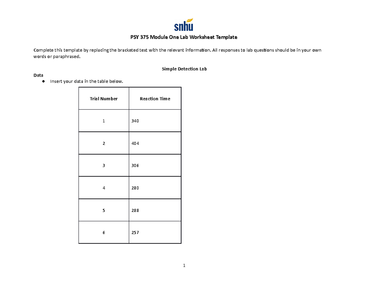 PSY-375 Module One Lab Worksheet: Simple & Signal Detection Analysis - Studocu