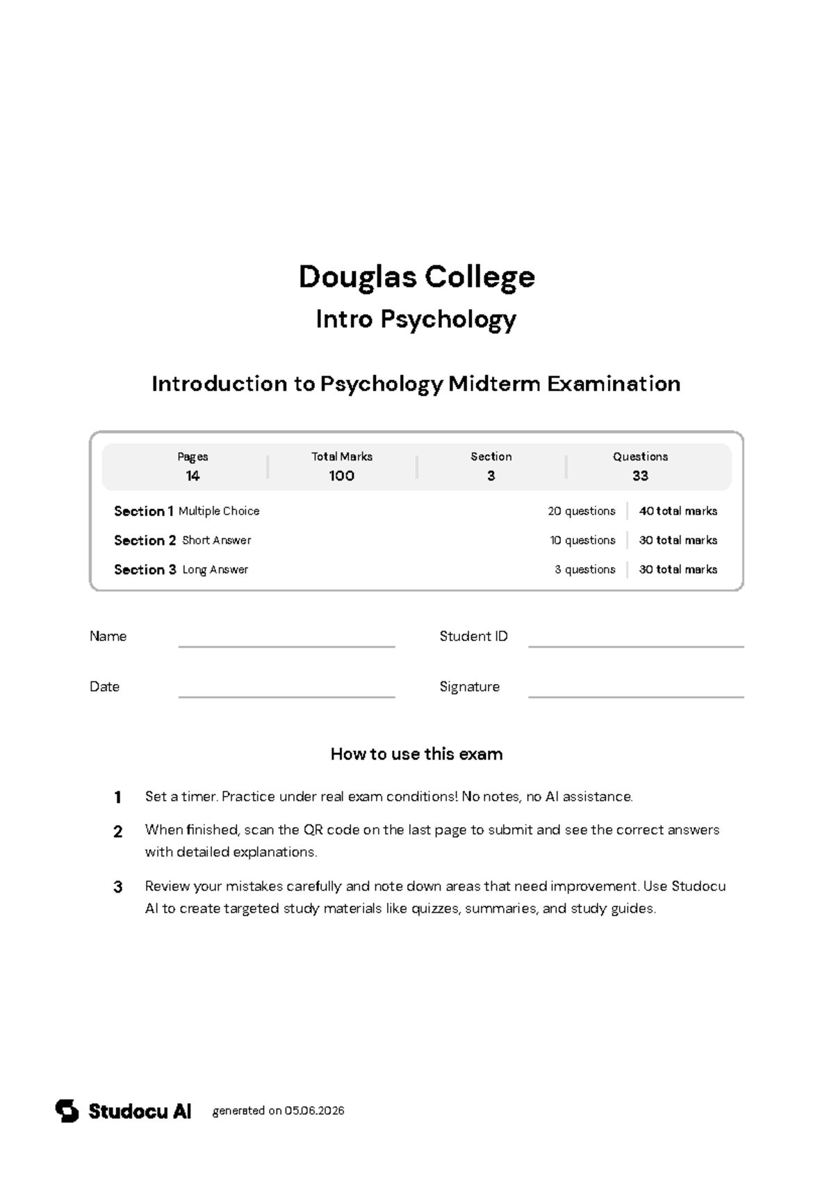 Introduction to Psychology Midterm Exam - Studocu