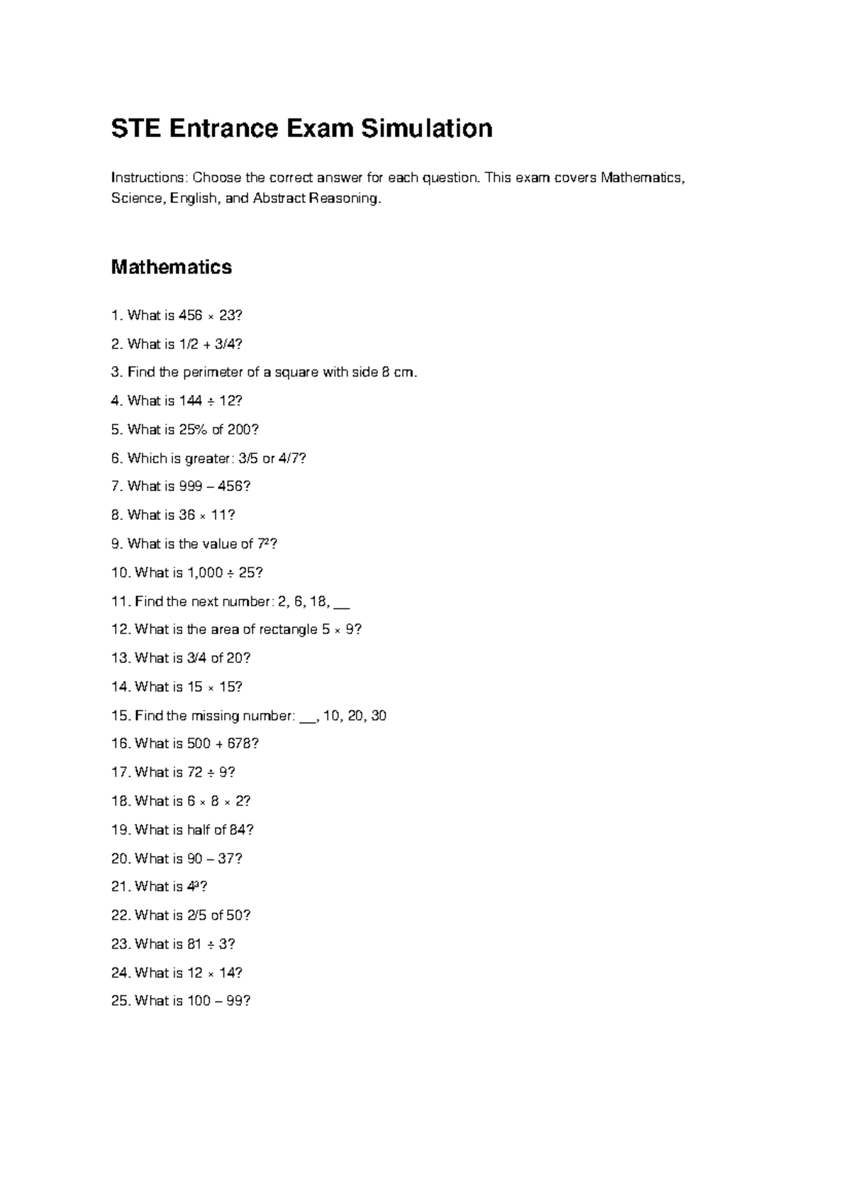 STE Entrance Exam Simulation: Math, Science, & Reasoning Questions ...