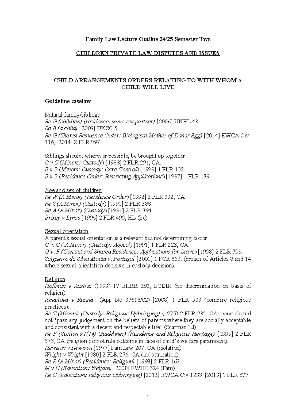 FLLecs 2425 Sem 2 - Family Law Lecture Outline: Children & Private Law ...