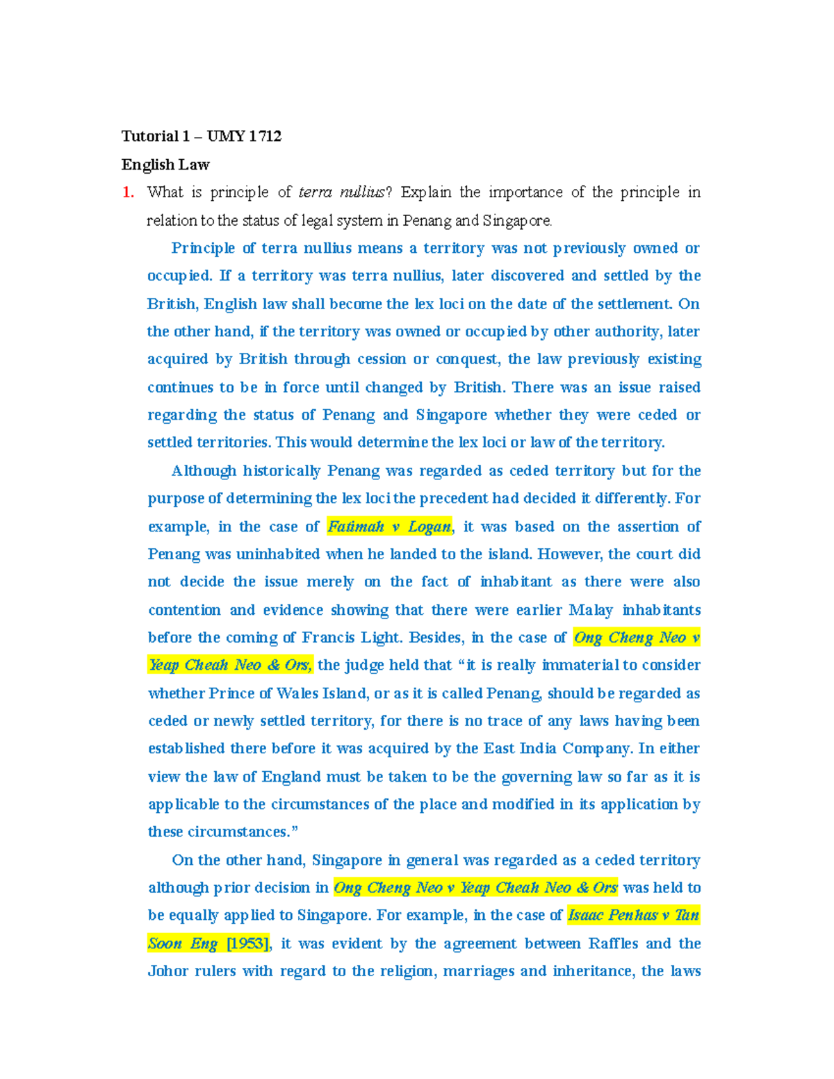 Tutorial 1 UMY 1712: Understanding Terra Nullius in English Law - Studocu