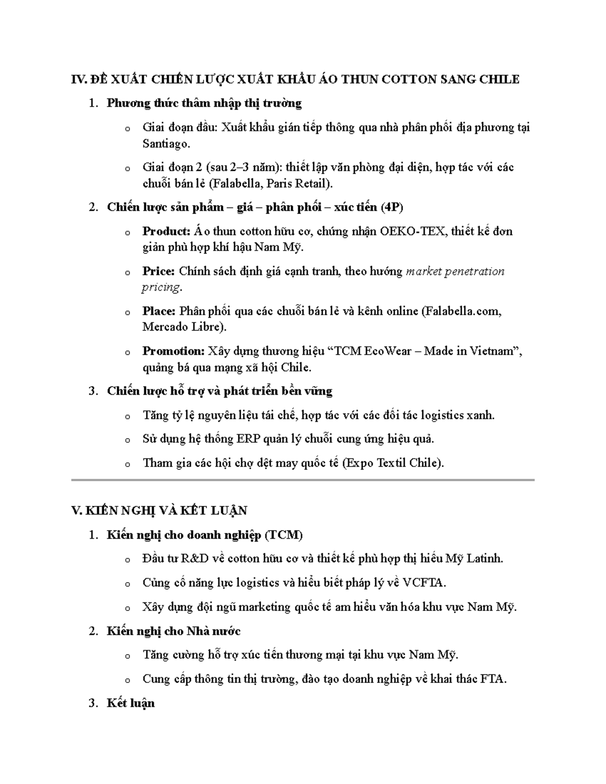 Chiến Lược Xuất Khẩu Áo Thun Cotton Sang Chile - TCM 2025 - Studocu