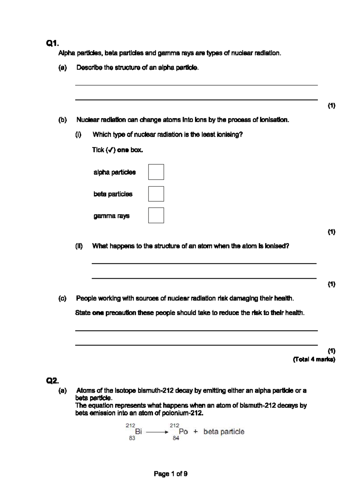 Atoms and Radioactivity Exam Questions (Physics 101) - Studocu