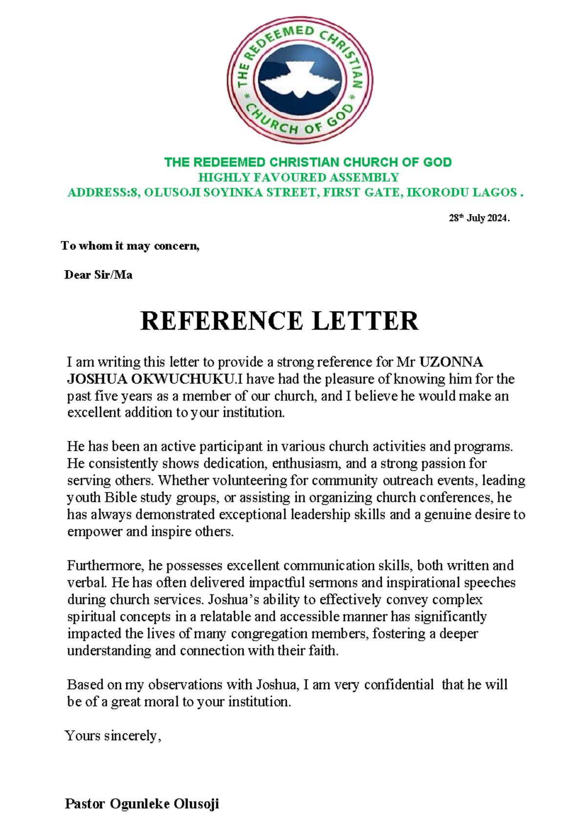 Pastor Recommendation Letter College Student Admissions Criteria