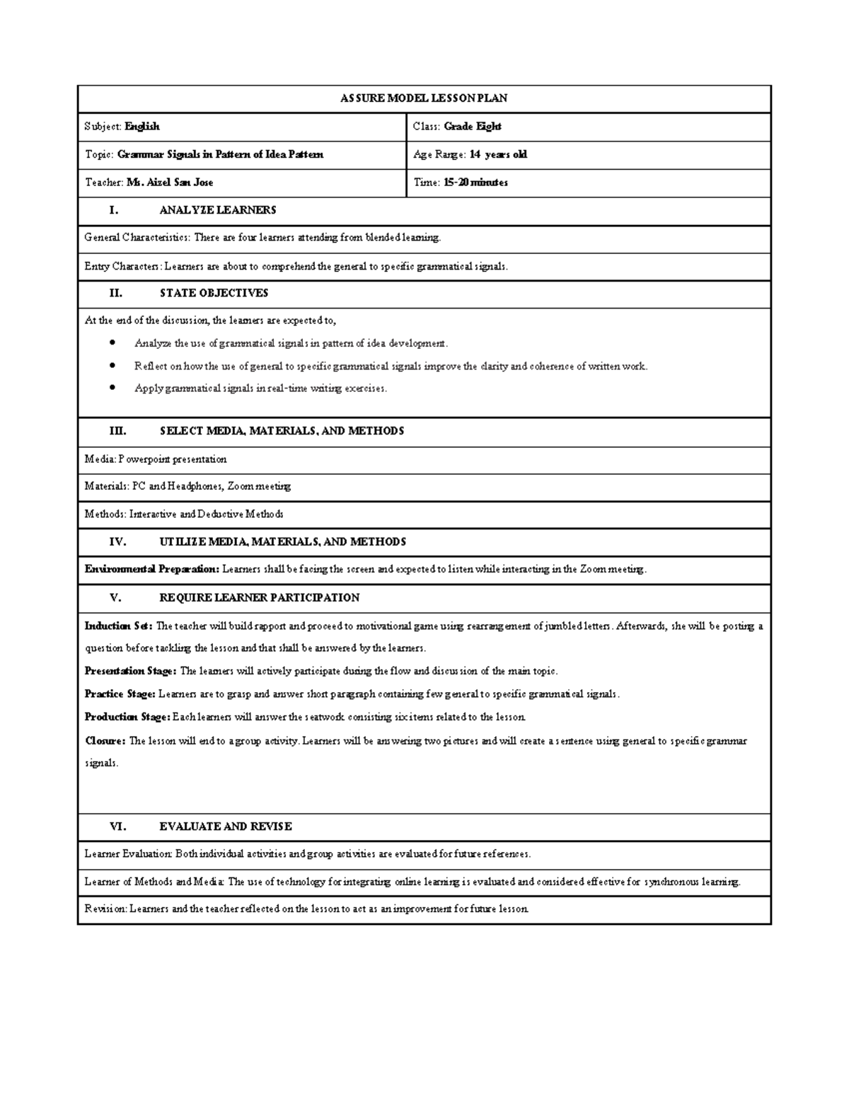 ASSURE Model Lesson Plan on Grammar Signals - Grade 8 English - Studocu