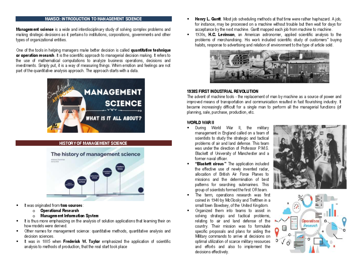 MANSci: Overview of Management Science Principles and History - Studocu