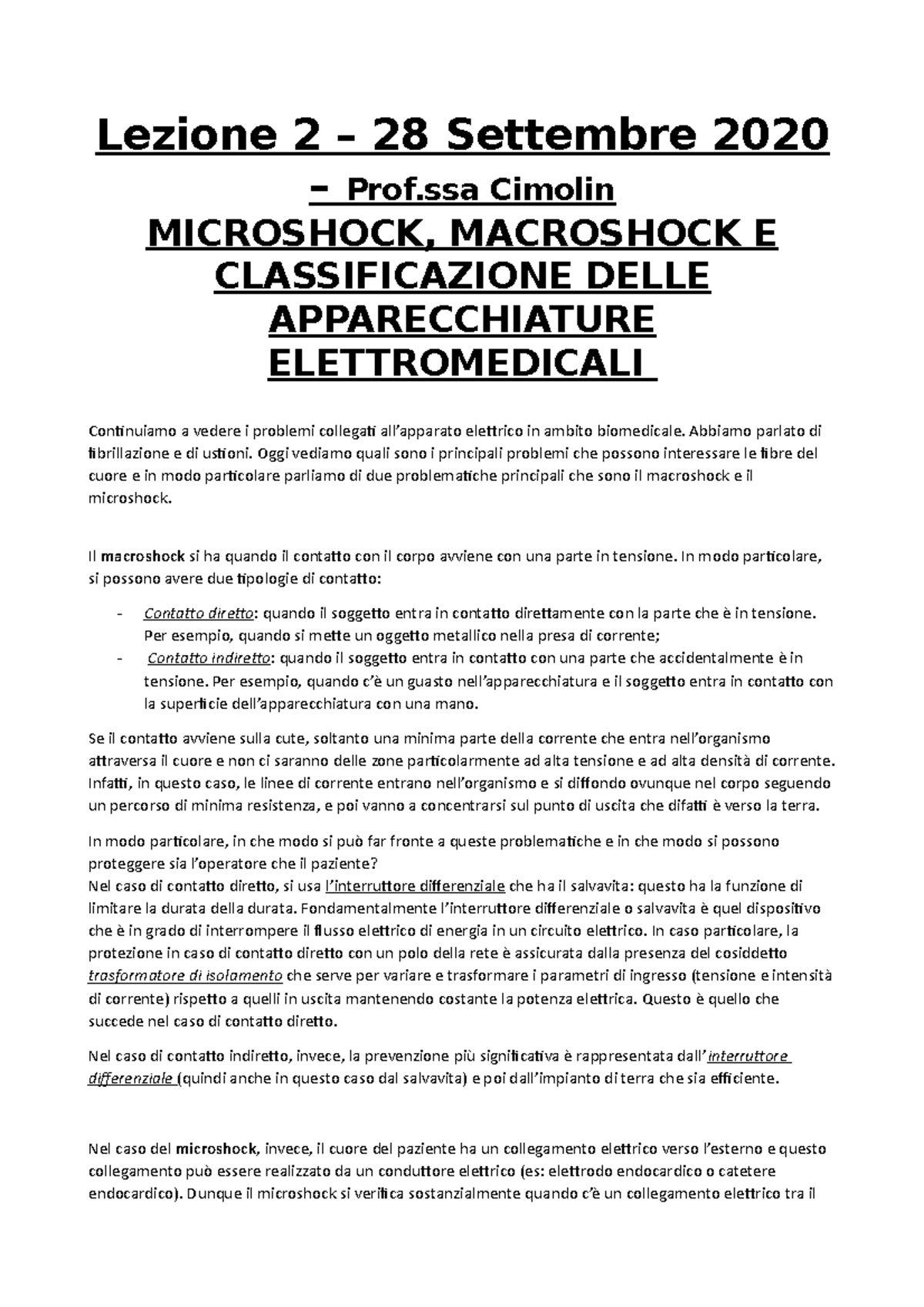 Lezione 2 - 28 Settembre: Microshock, Macroshock e Classificazione ...