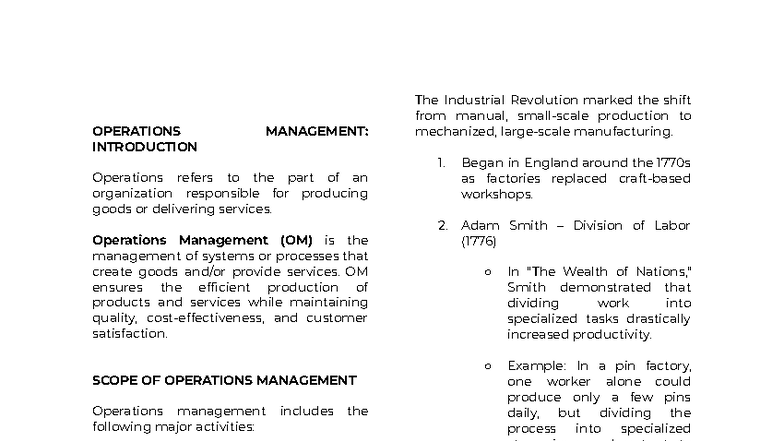 OM 101: Introduction to Operations Management and Its Historical ...