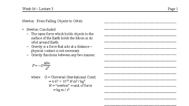 Week 06 Lecture 3: Newton's Gravity and Orbital Mechanics - Studocu