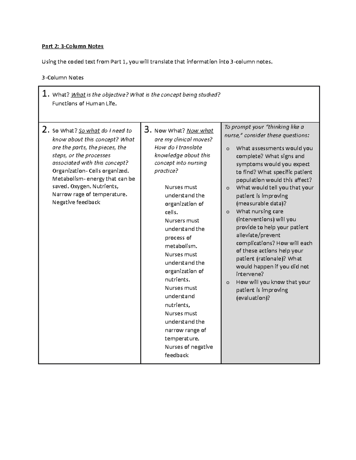 NURS 101: 3-Column Notes Template for Human Life Functions - Studocu