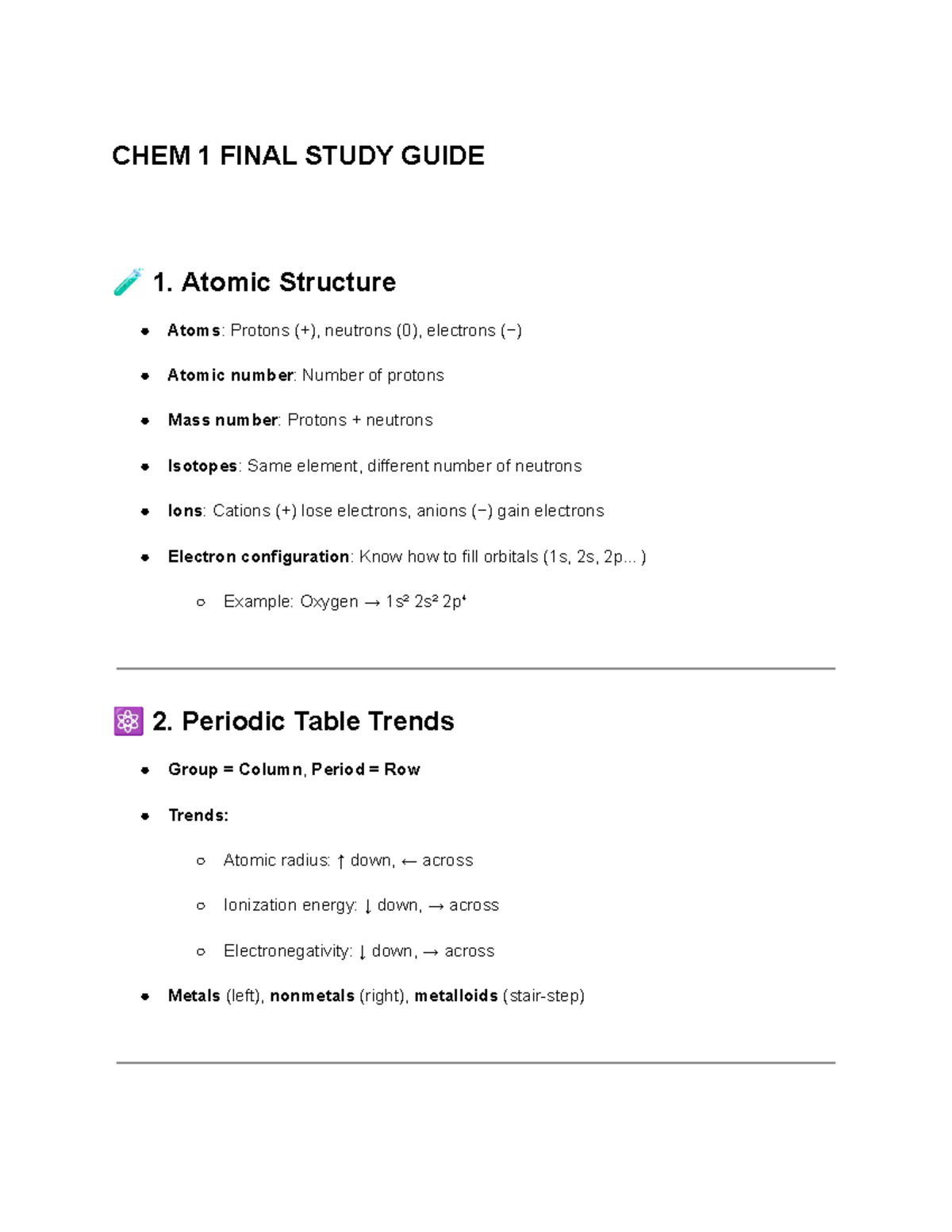 CHEM 1 FINAL STUDY GUIDE: Atomic Structure, Bonding & Reactions - Studocu