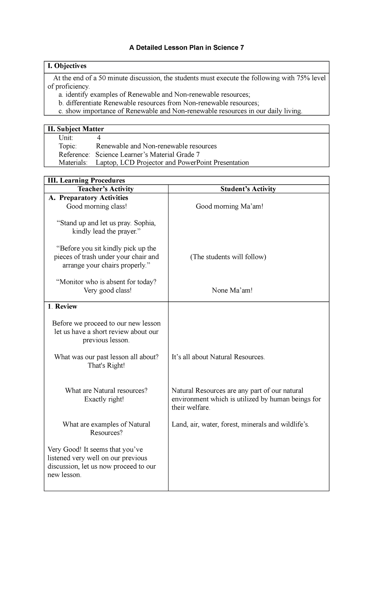 Lesson Plan for Science 7: Renewable vs Non-Renewable Resources - Studocu