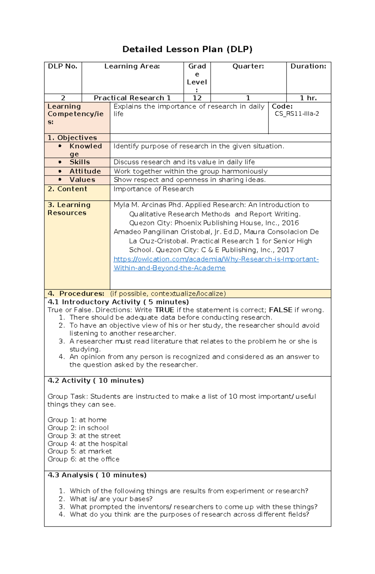 Quarter 1 DLP Week 1 Day 1 - Detailed Lesson Plan (DLP) DLP No. Learning Area: Grad e Level ...