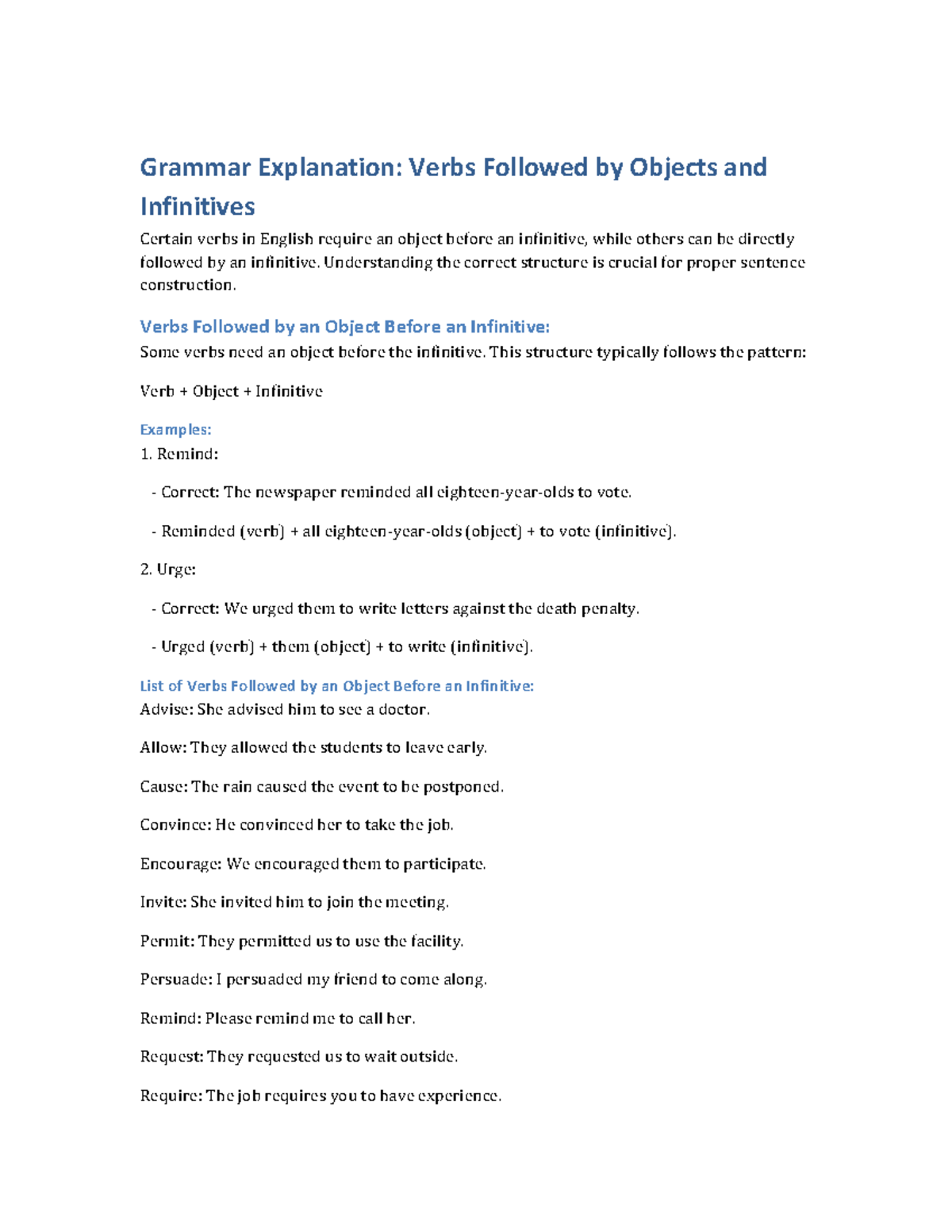 Verbs Followed by Objects & Infinitives: Grammar Guide - Studocu