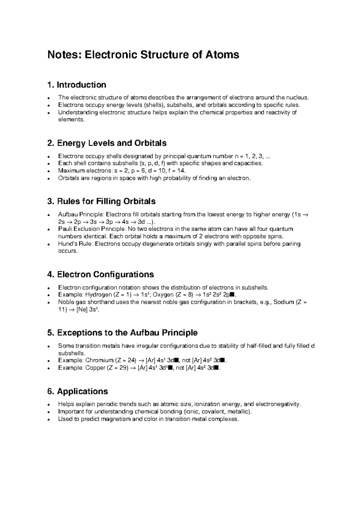 CHEM 101: Electronic Structure of Atoms - Study Notes - Studocu