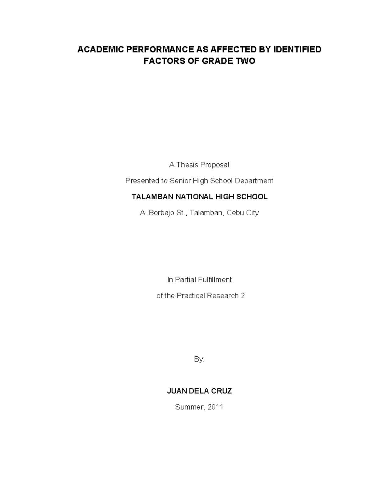 Factors Affecting Academic Performance of Grade Two Pupils: A Thesis ...