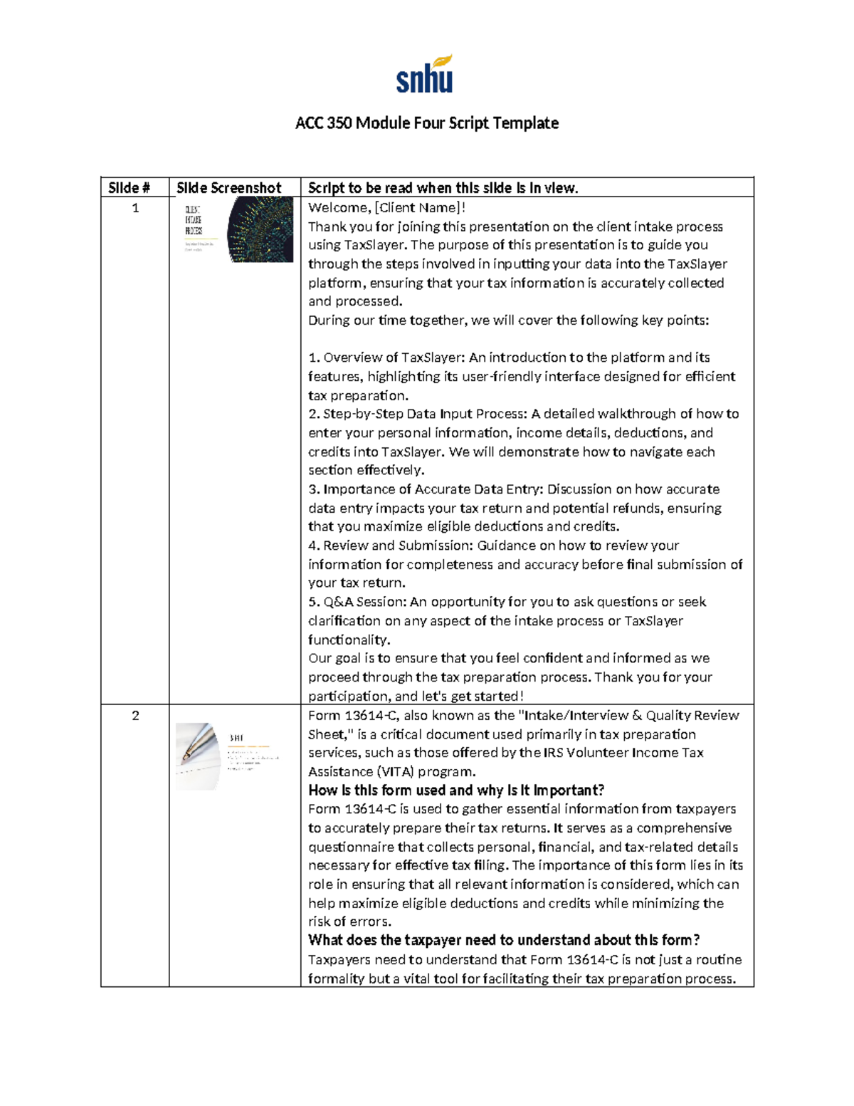 ACC 350 Module Four Presentation: TaxSlayer Client Intake Process Guide ...