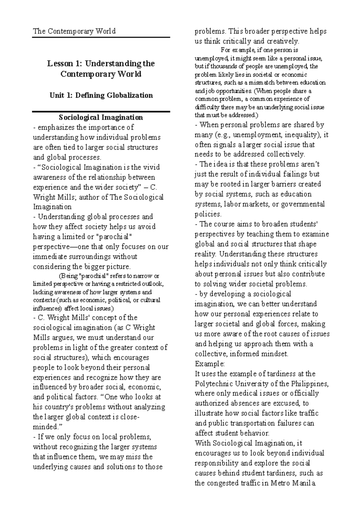 The Contemporary World - Notes - The Contemporary World Lesson 1 ...