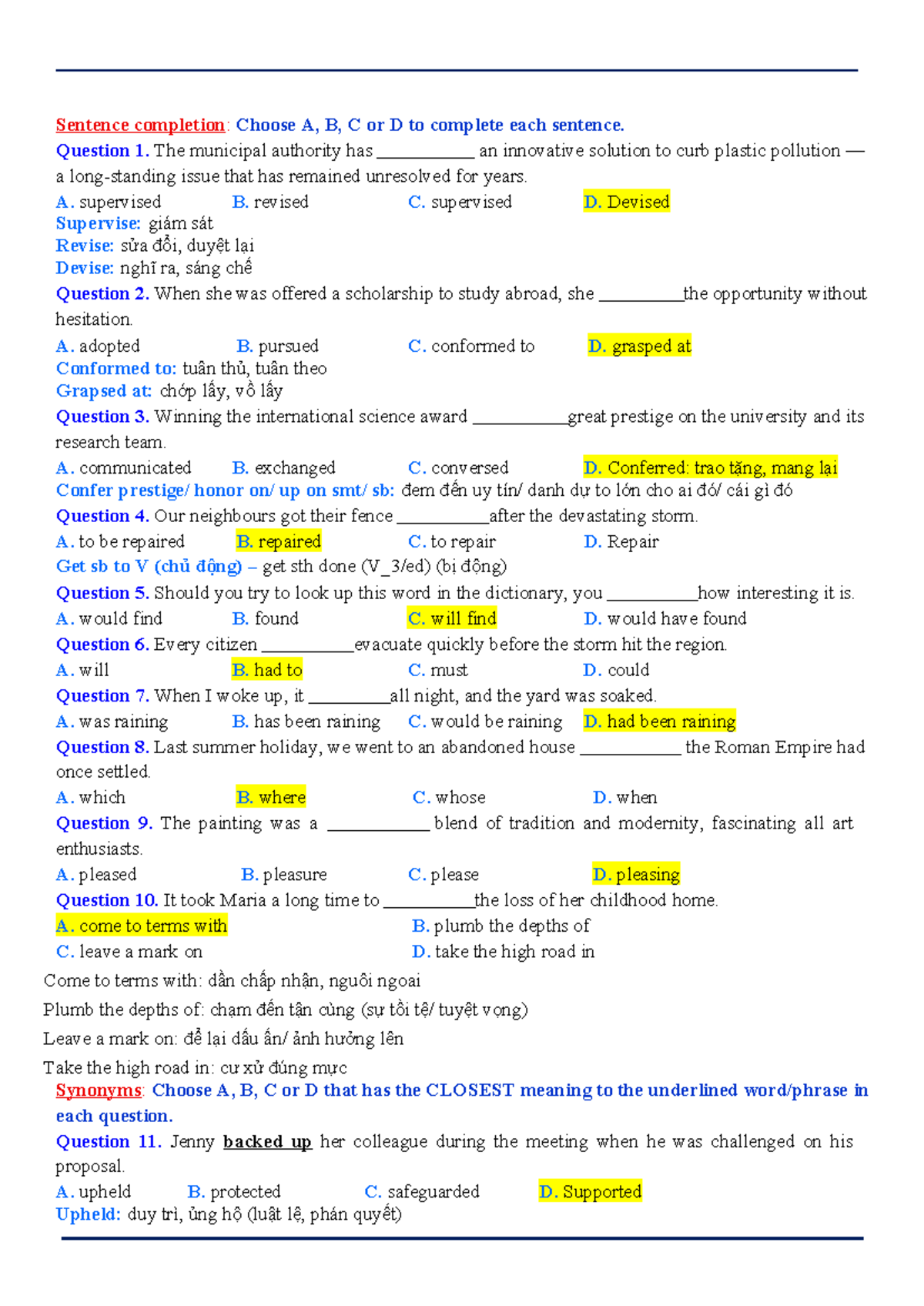TEST 11 - Practical Sentence Completion and Comprehension Exercises ...