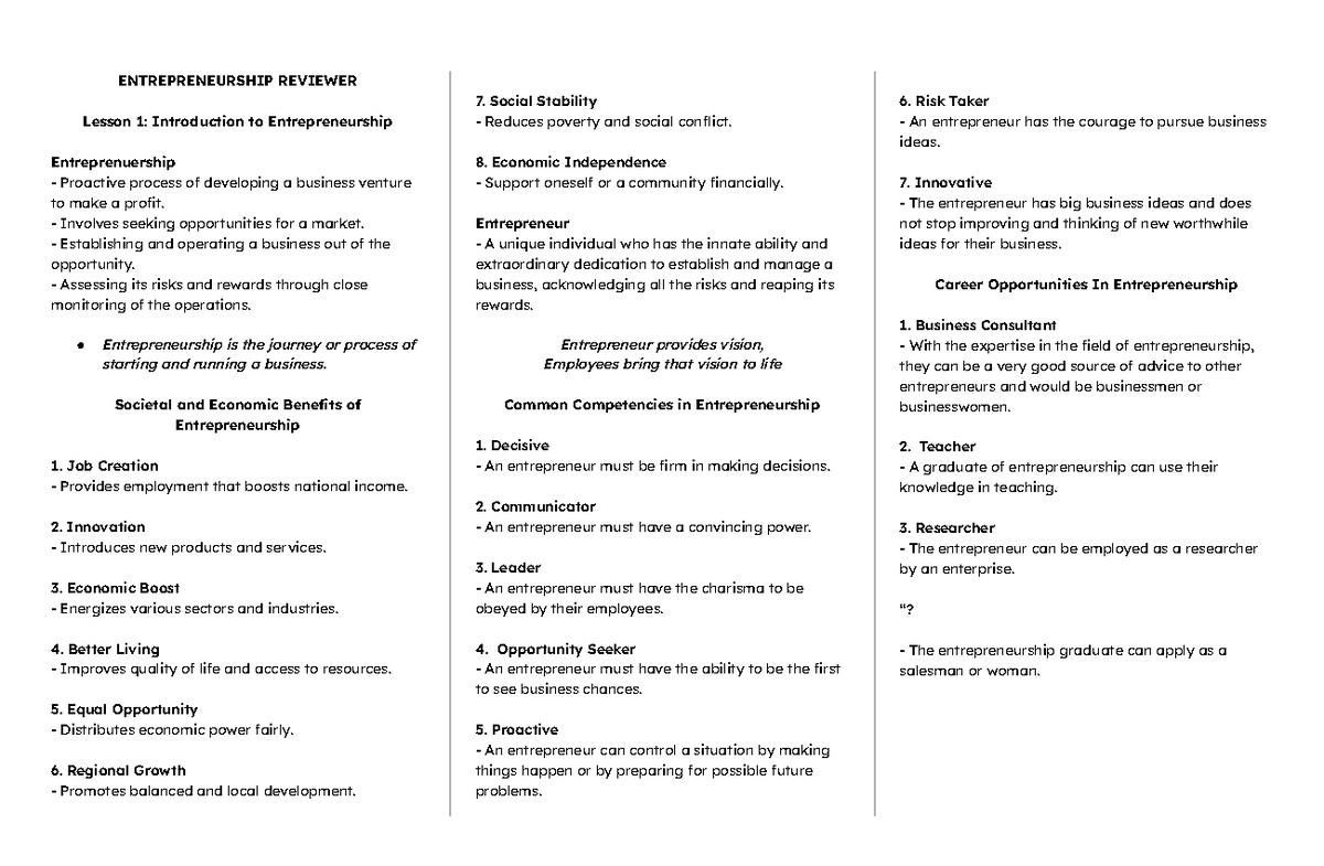ENTREPRENEURSHIP REVIEWER Lesson 1: Intro to Entrepreneurship - Studocu