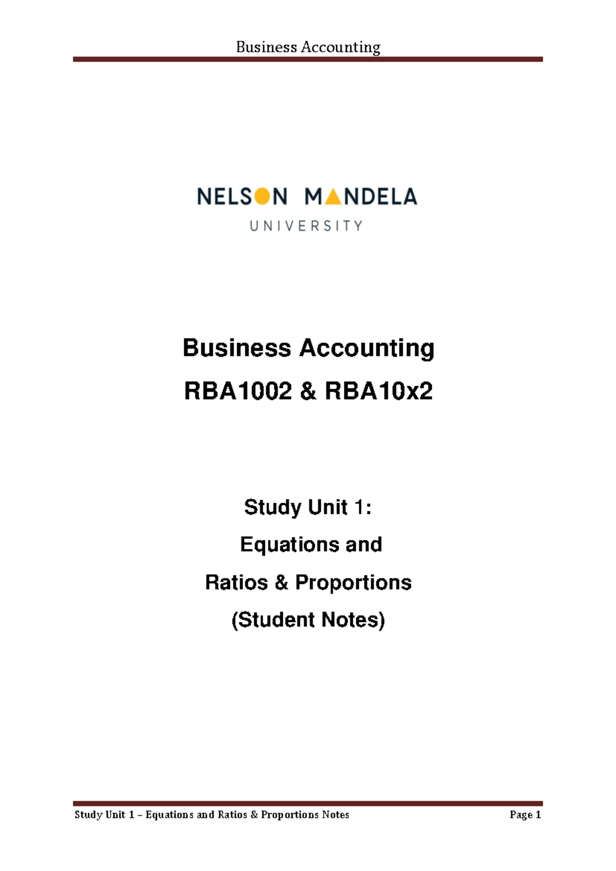 Business Accounting RBA1002 Study Unit 1: Equations, Ratios ...