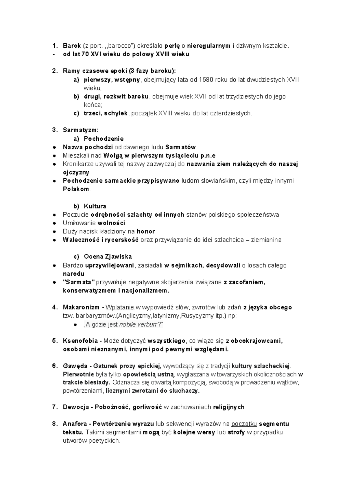Barok - Kluczowe Zagadnienia na Sprawdzian (SDFD) - Studocu