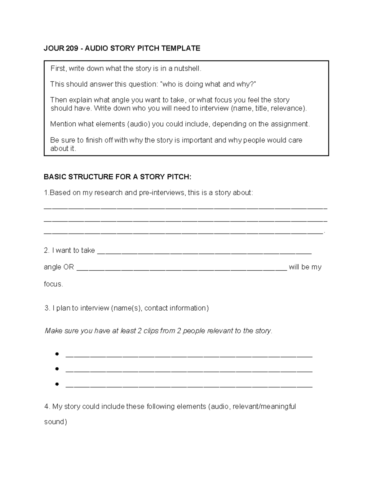 JOUR 209 Audio Story Pitch Template - Updated Version - Studocu