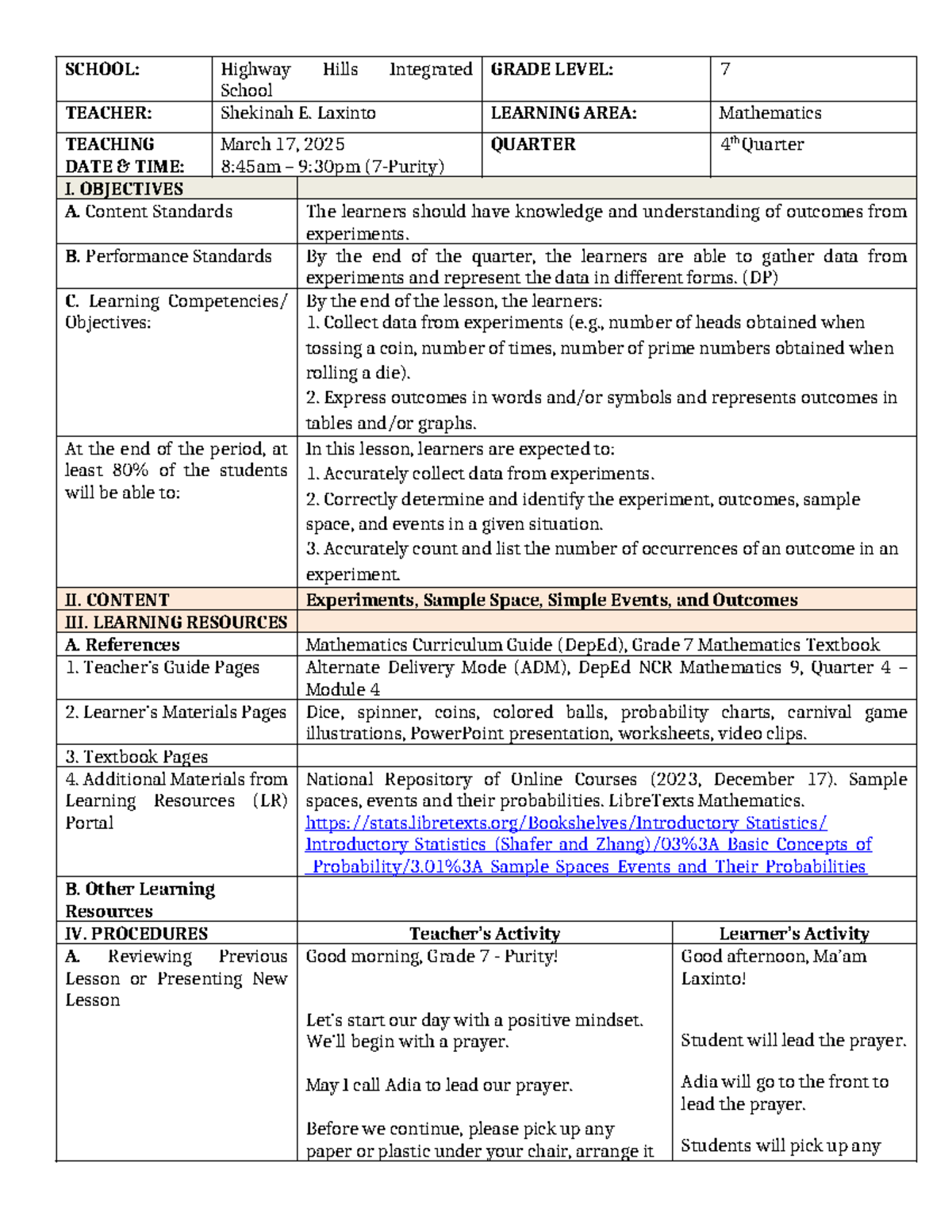Final Lesson Plan: 7th Grade Math - Experiments & Outcomes (Q4) - Studocu