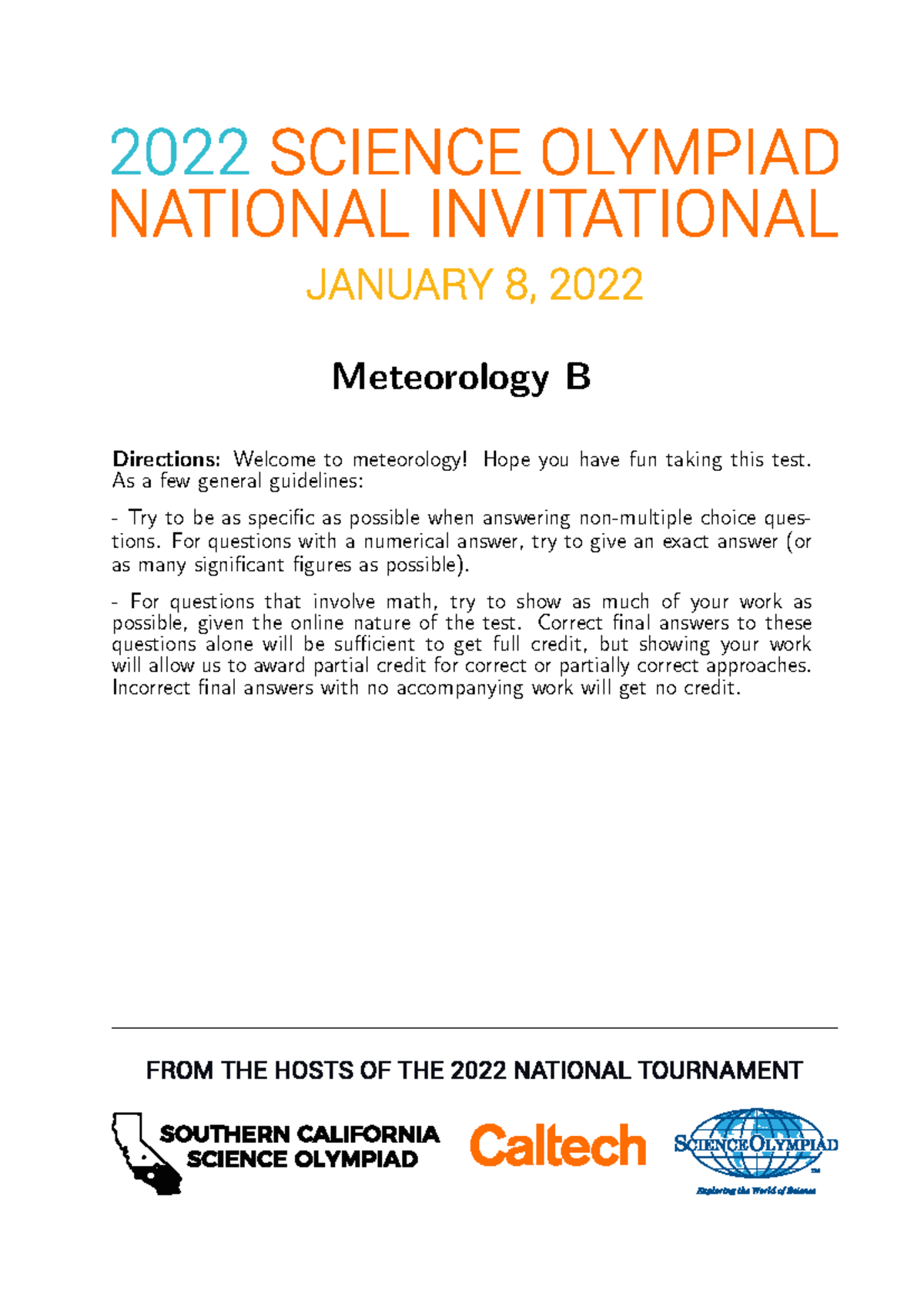 Meteorology B Test - Science Olympiad National Invitational - Studocu