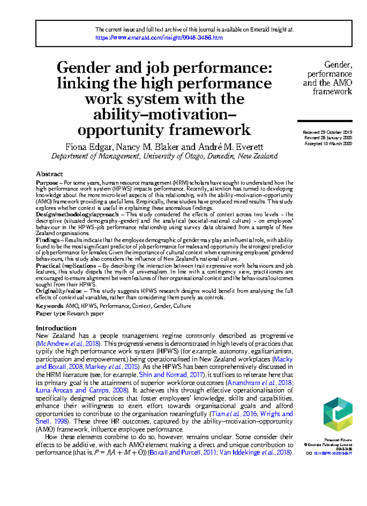Gender and Job Performance: Exploring HPWS and AMO Framework Insights ...
