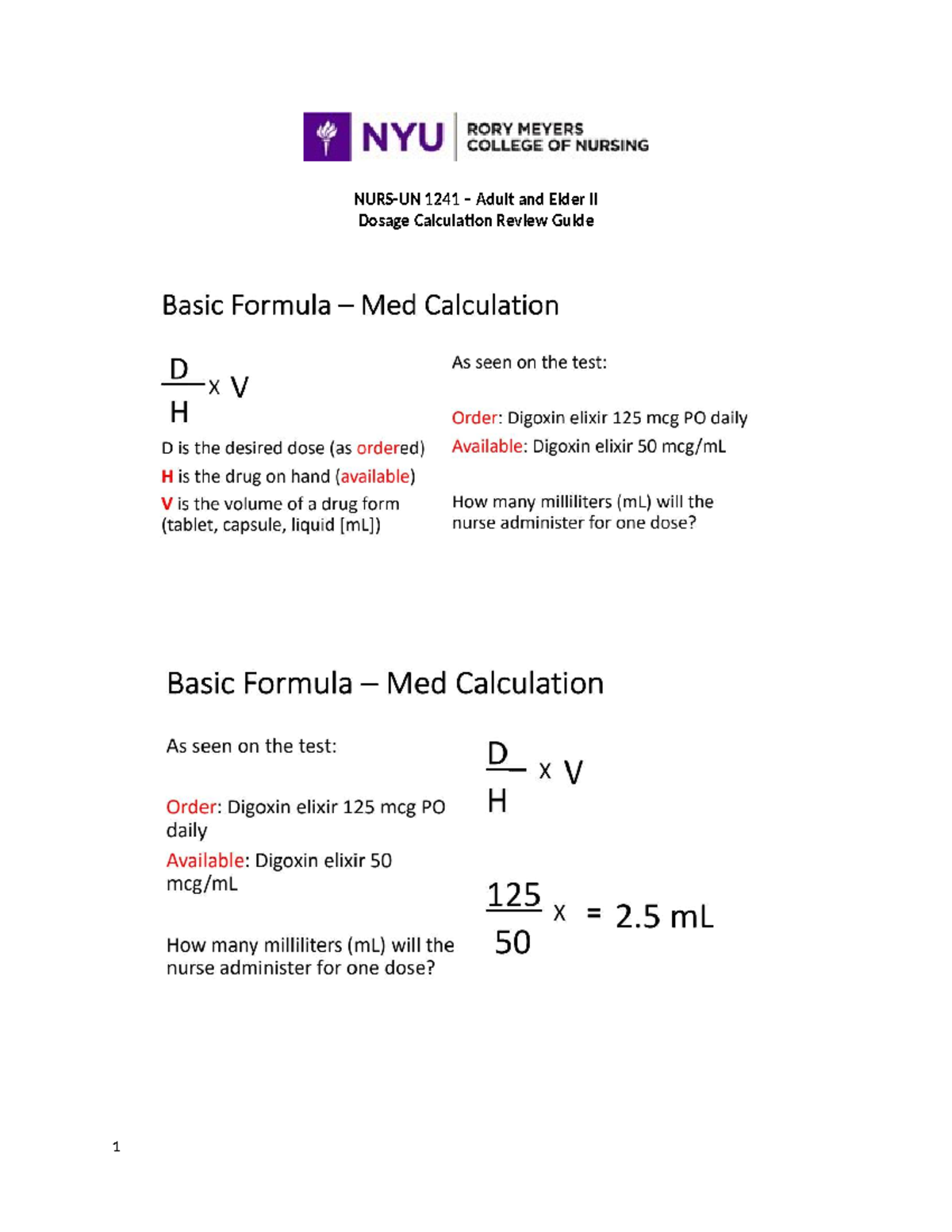 1241 Adult and Elder II - Dosage Calculation Review Guide - Studocu