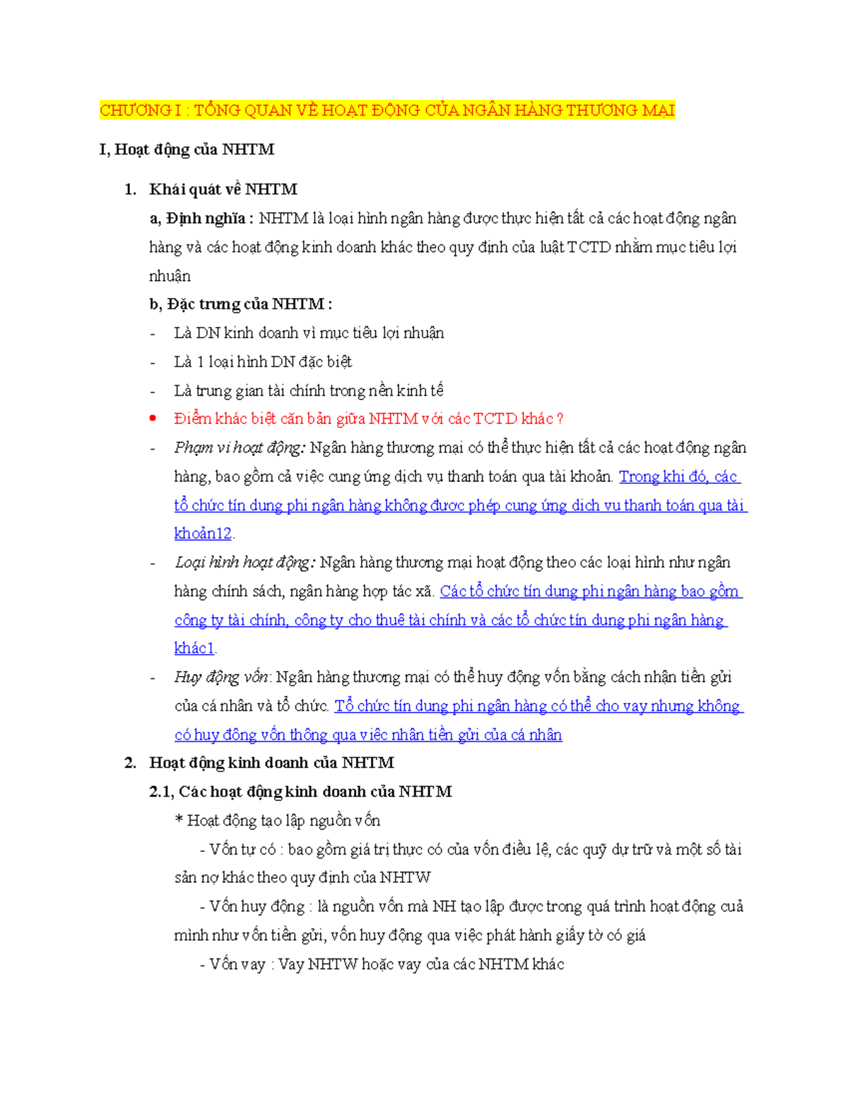Chương I: Tổng Quan Về Hoạt Động Ngân Hàng Thương Mại NHTM - Studocu