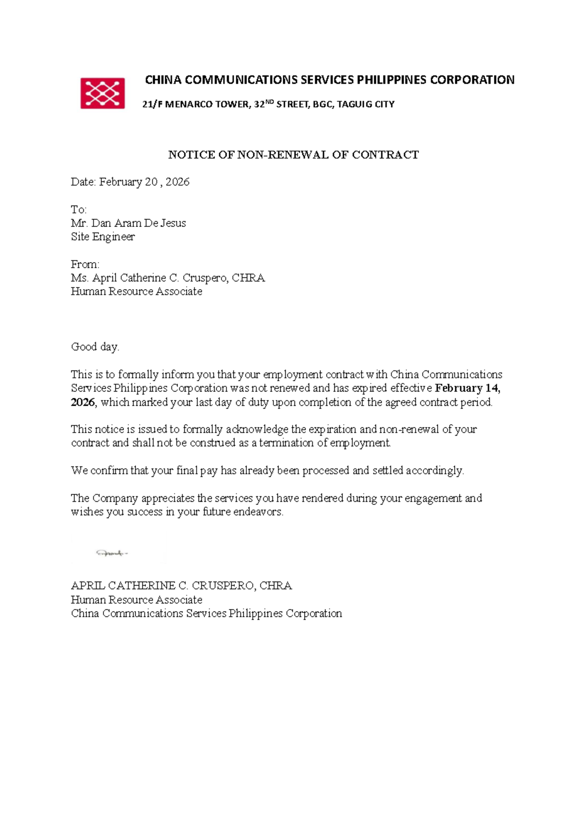 ALE Exam Notice: Contract Expiration for Mr. Dan Aram De Jesus - Studocu