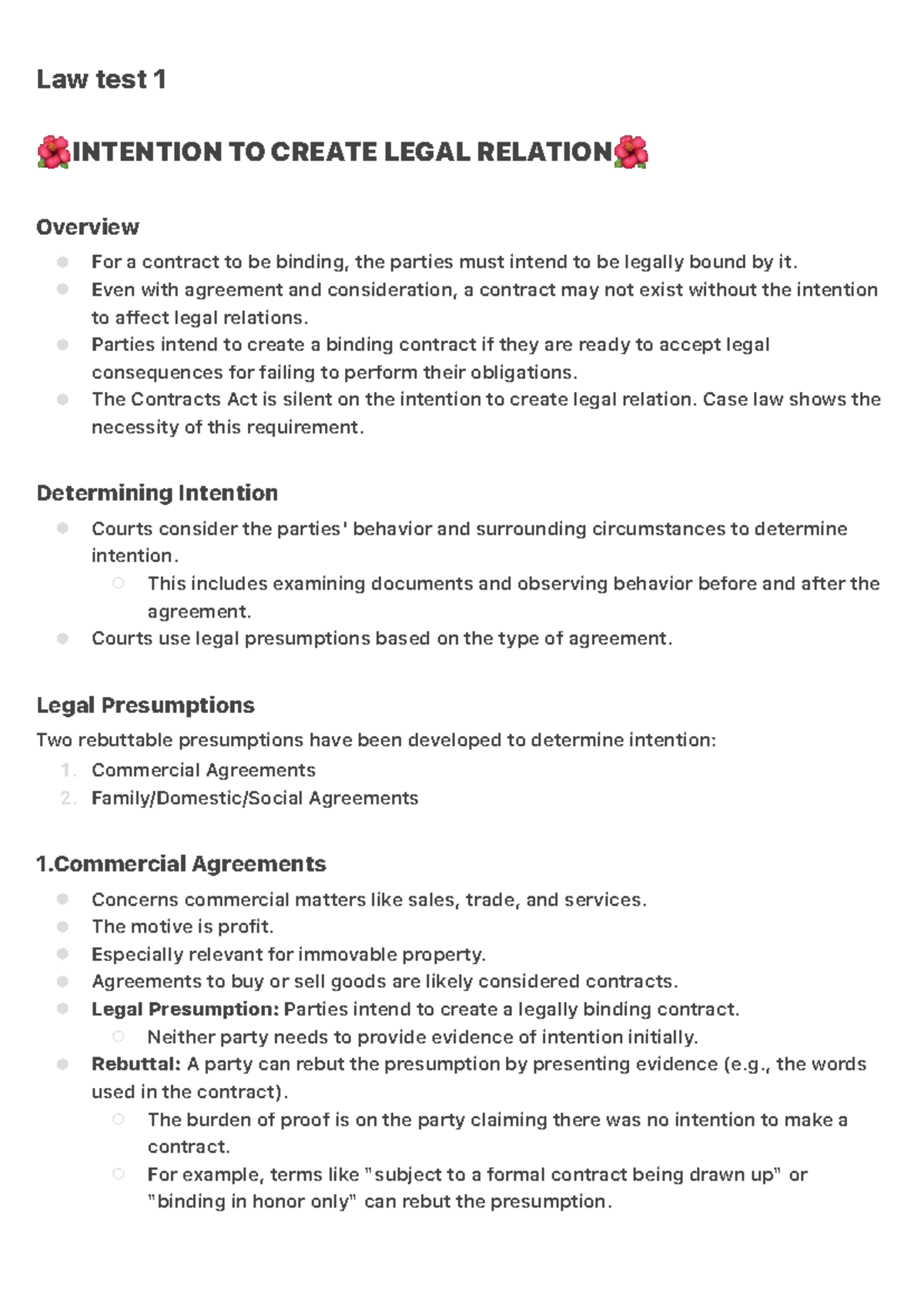 Law Test 1: Intention to Create Legal Relations & Free Consent Elements ...