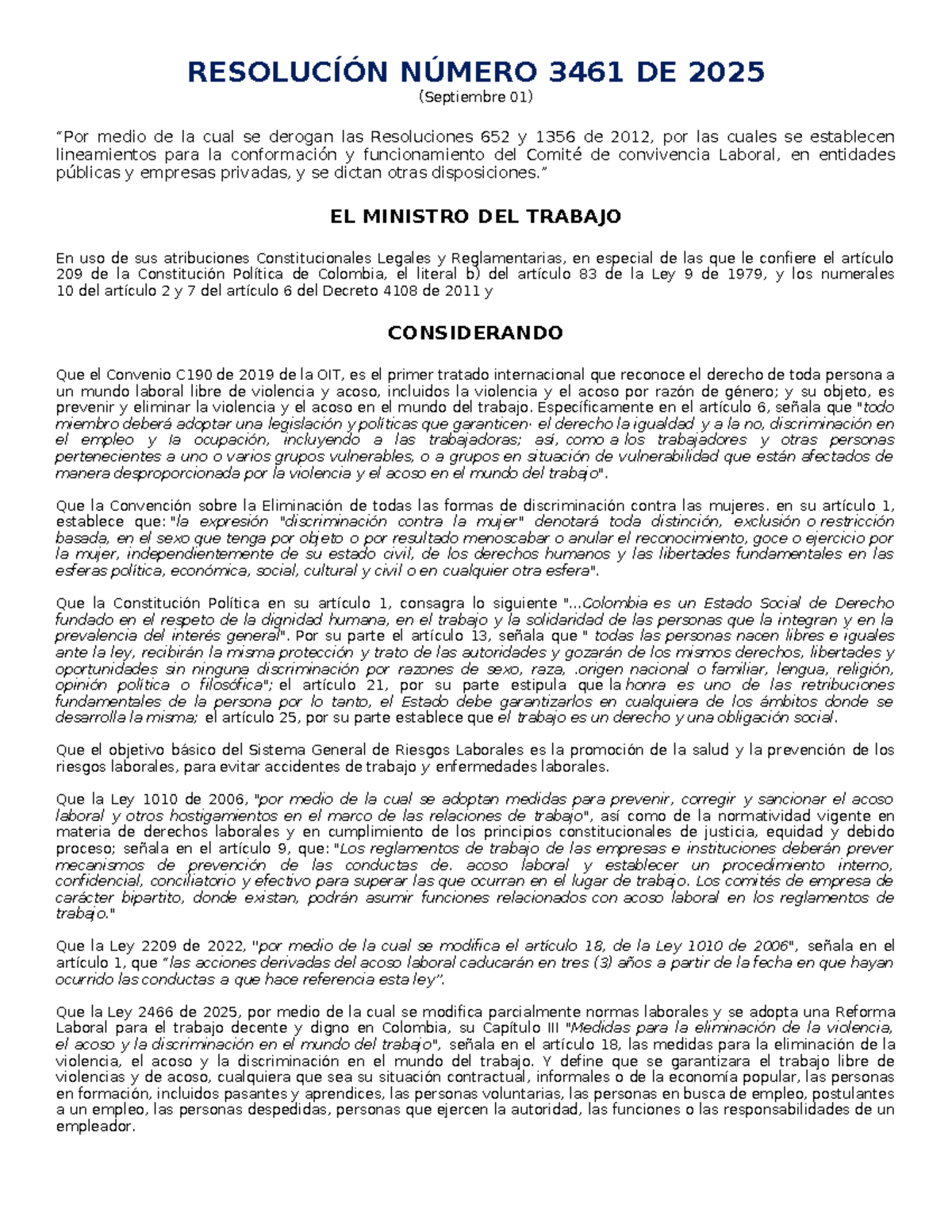 Resolución 3461 de 2025: Modificación de Comités de Convivencia Laboral ...