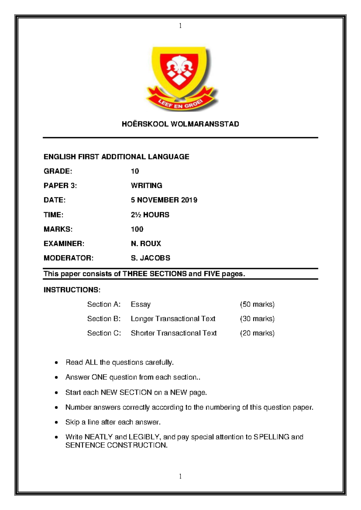 GR 10 ENG V3 Writing Exam Paper - 5 Nov 2019 - Studocu