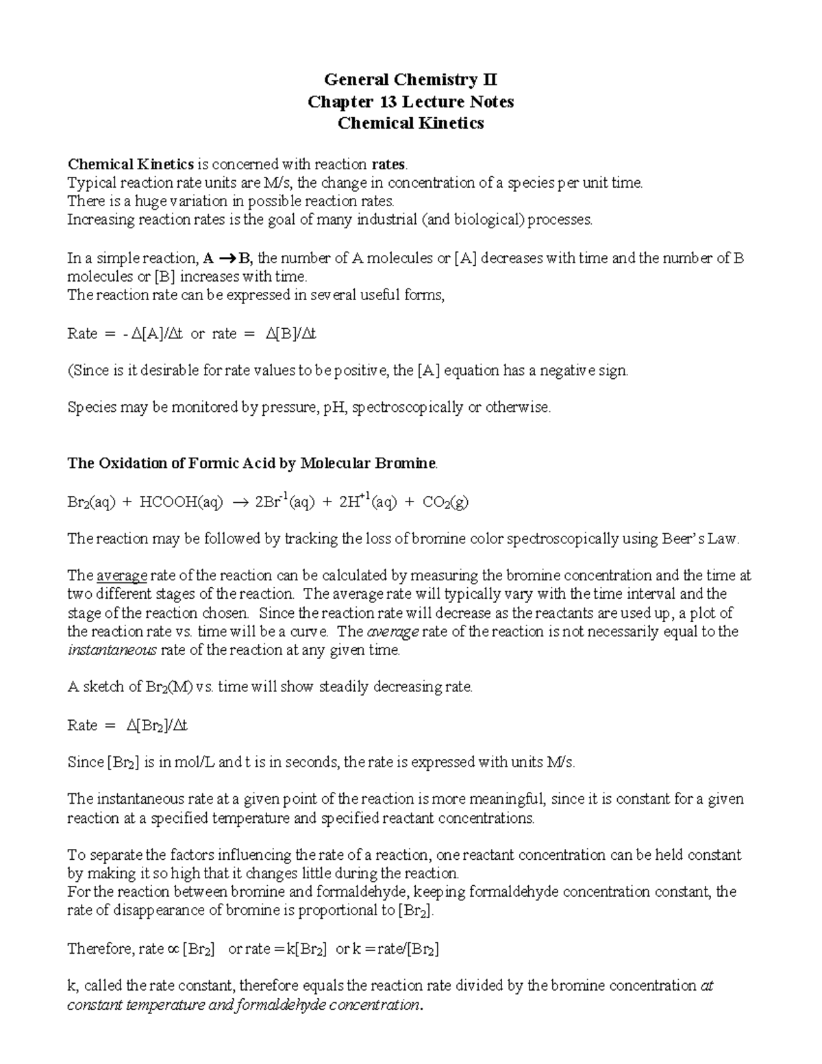 General Chemistry II CH 13 Lecture Notes: Chemical Kinetics Overview ...