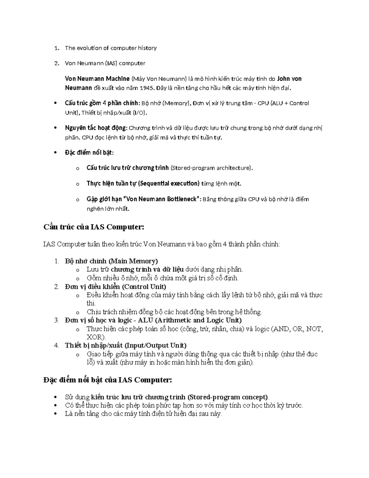 Note1 - note chapter 1 - 1. The evolution of computer history 2. Von ...