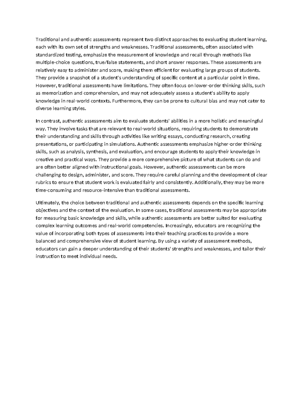 Comparative Analysis of Traditional vs Authentic Assessments - Studocu