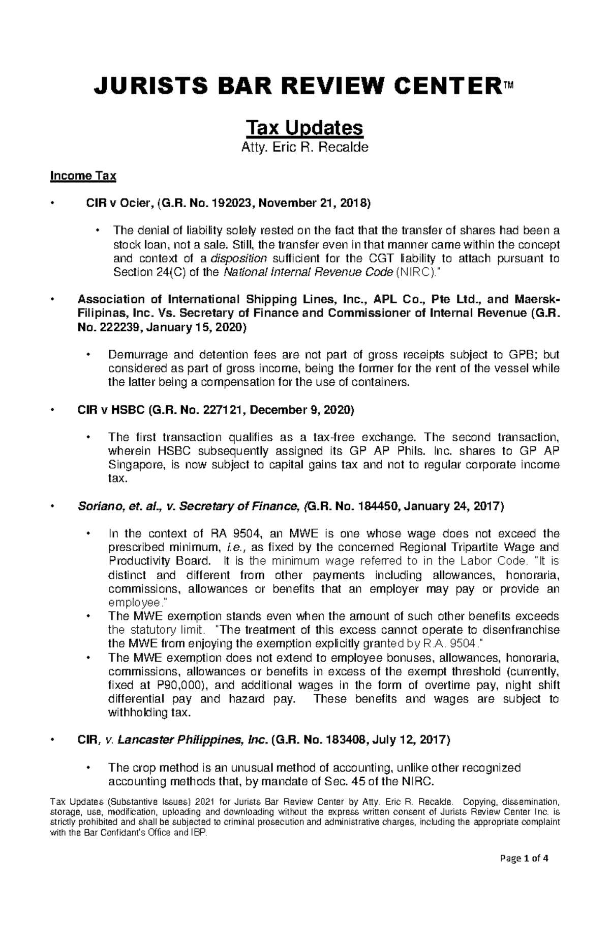 Tax Updates (Substantive Issues) 2021 by Atty. Eric Recalde - Tax ...