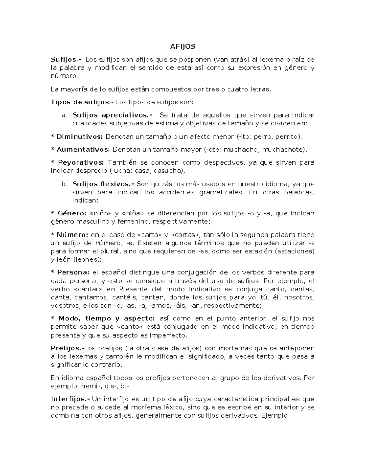 AFIJOS: Tipos y Ejemplos de Sufijos y Prefijos en Español - Studocu