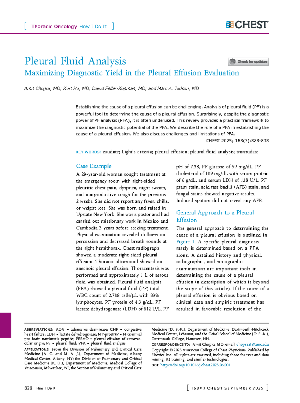 CHEST 2025: Pleural Fluid Analysis - Maximizing Diagnostic Yield - Studocu