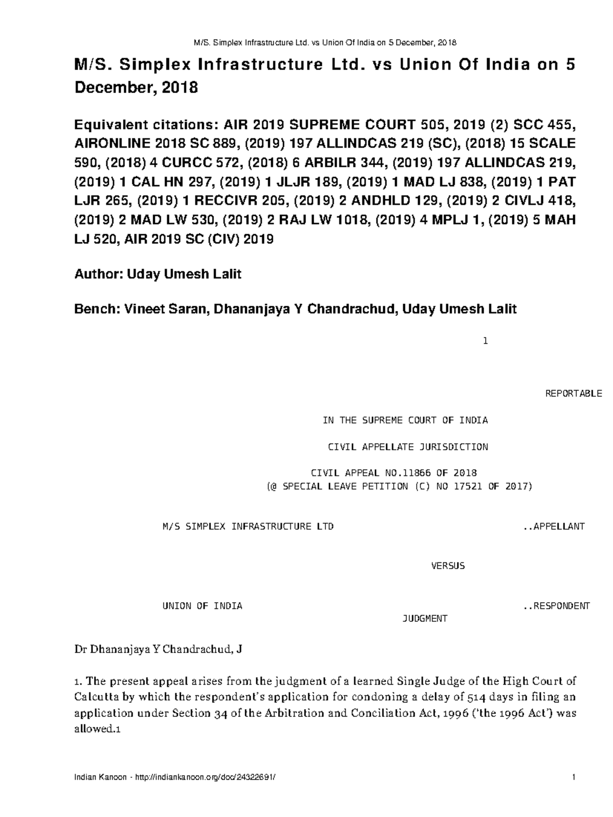 M S Simplex Infrastructure Ltd. vs Union of India: Supreme Court ...