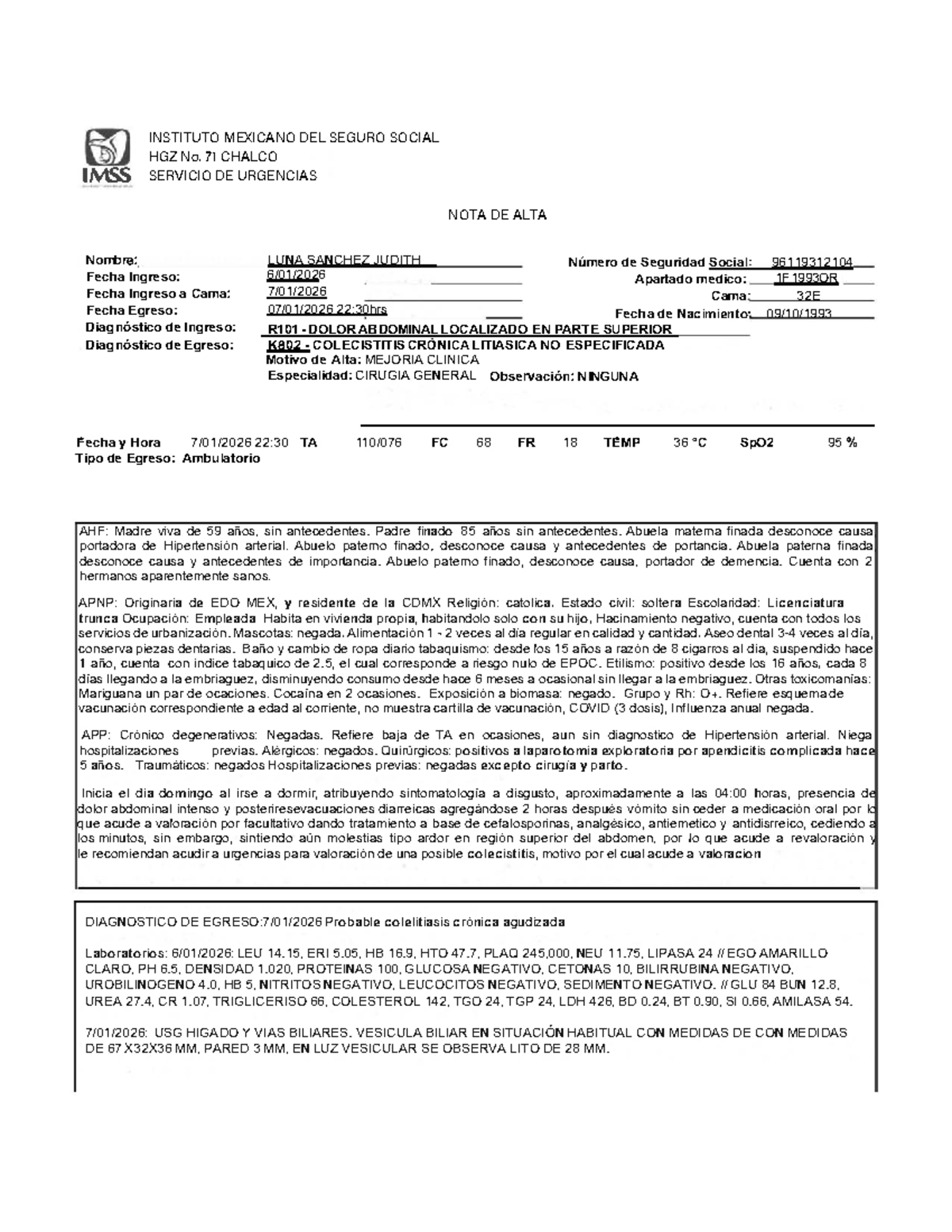 Nota de Alta - Servicio de Urgencias IMSS HGZ No. 71 Chalco - Studocu
