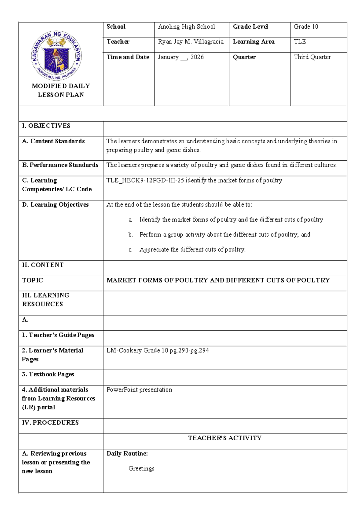 TLE 10 Final Lesson Plan: Market Forms & Cuts of Poultry - Studocu