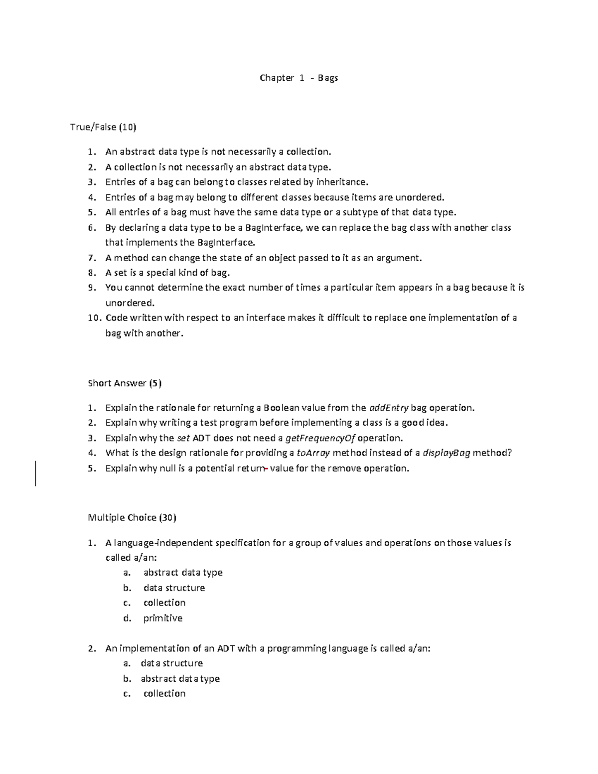Test-Bank-Chapter 1 questions - Chapter 1 - Bags True/False (10) An ...