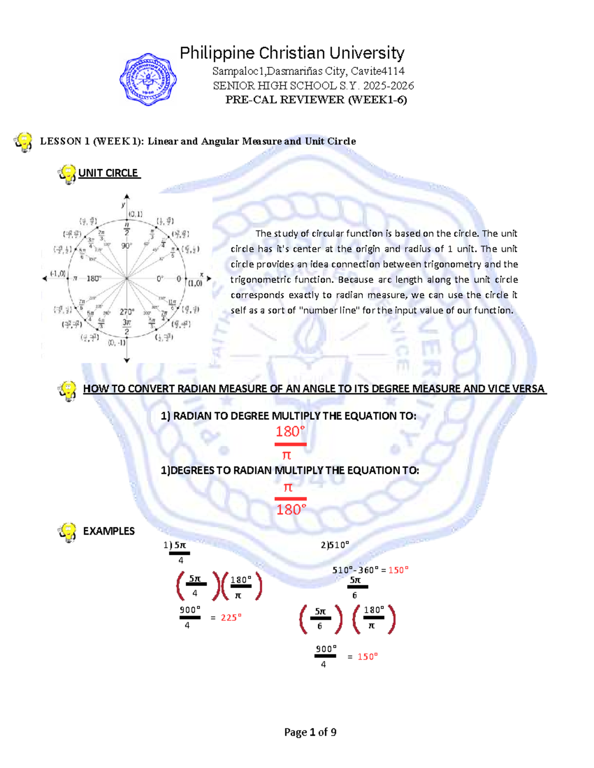 S.Y. Q2 Pre-Calculus Reviewer: Linear & Angular Measure, Unit Circle - Studocu