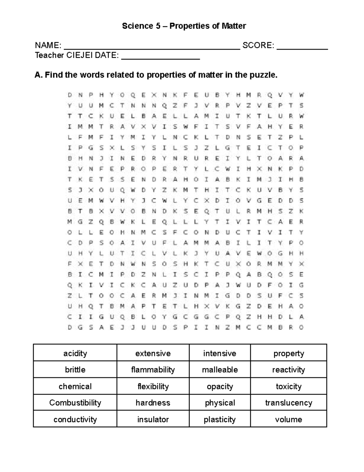 Science 5 - Properties of Matter Activity Sheet and Exercises - Studocu