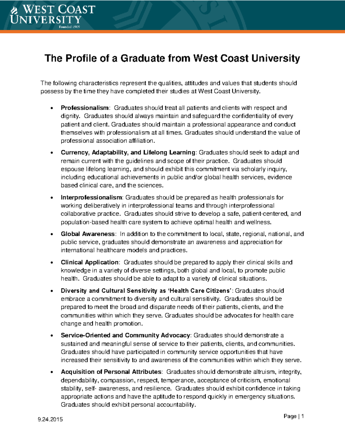 The Graduate Profile: Qualities and Values at West Coast University ...